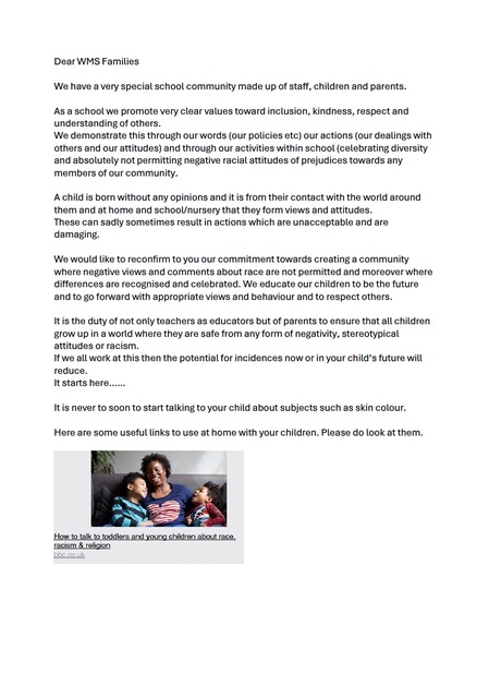 Inclusion and understanding letter – Walthamstow Montessori School