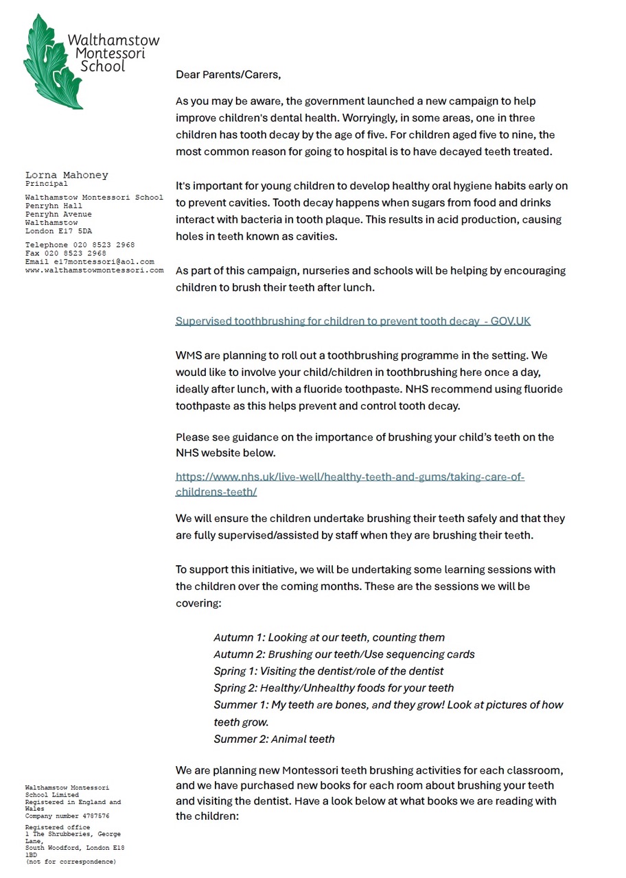 Dental Health letter – Walthamstow Montessori School